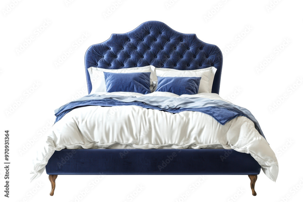 Elegant blue velvet bed with tufted headboard and white bedding ...