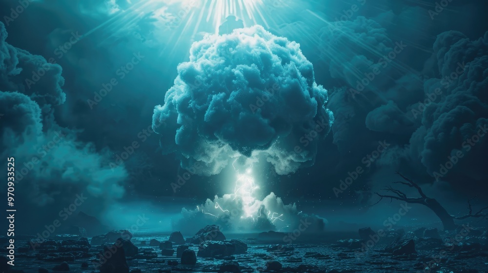 Dramatic explosive cloud formation with glowing light beams in an ...