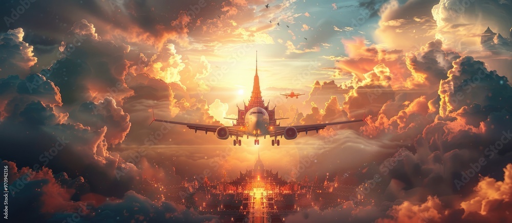 Dramatic sunset airplane flying through a surreal fantastical and ...