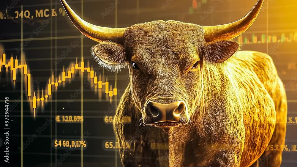 A powerful bull stands prominently in front of a digital stock market ...