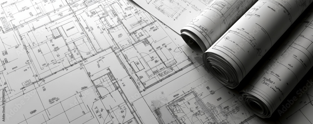 Detailed architectural blueprint rolls displaying intricate design and ...