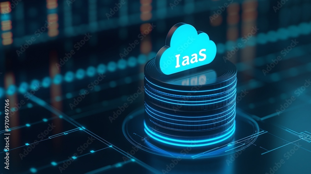 IaaS cloud computing concept visualized with digital elements and blue cloud icon over a data ...
