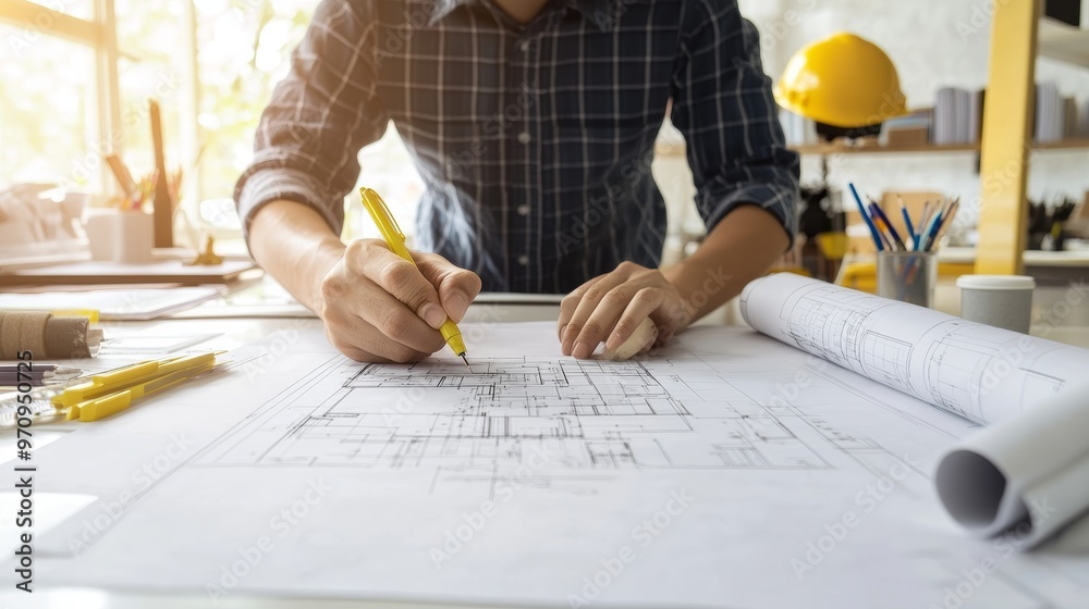 Engineer working in office draw a construction project An architects ...