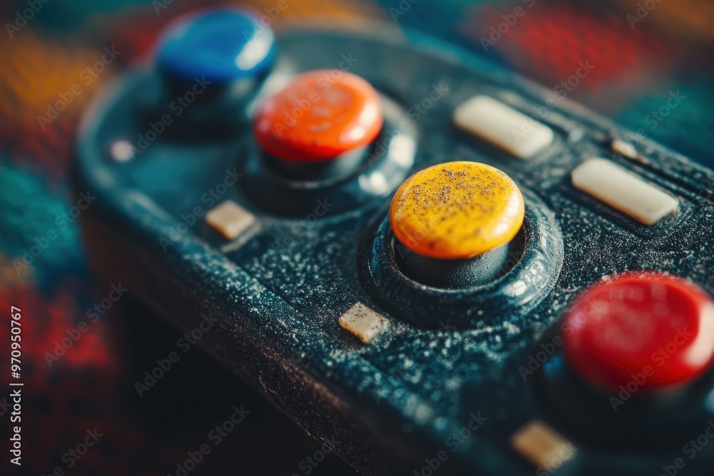 A close-up of a classic gaming controllers worn buttons sparks ...