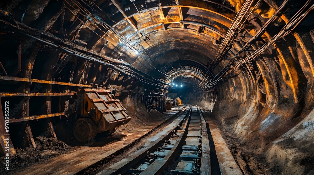 Photograph of an underground mining with a railway running through a ...