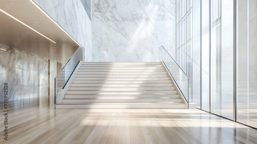 Empty hallway staircase stairwell landing oak hardwood floor glass ...