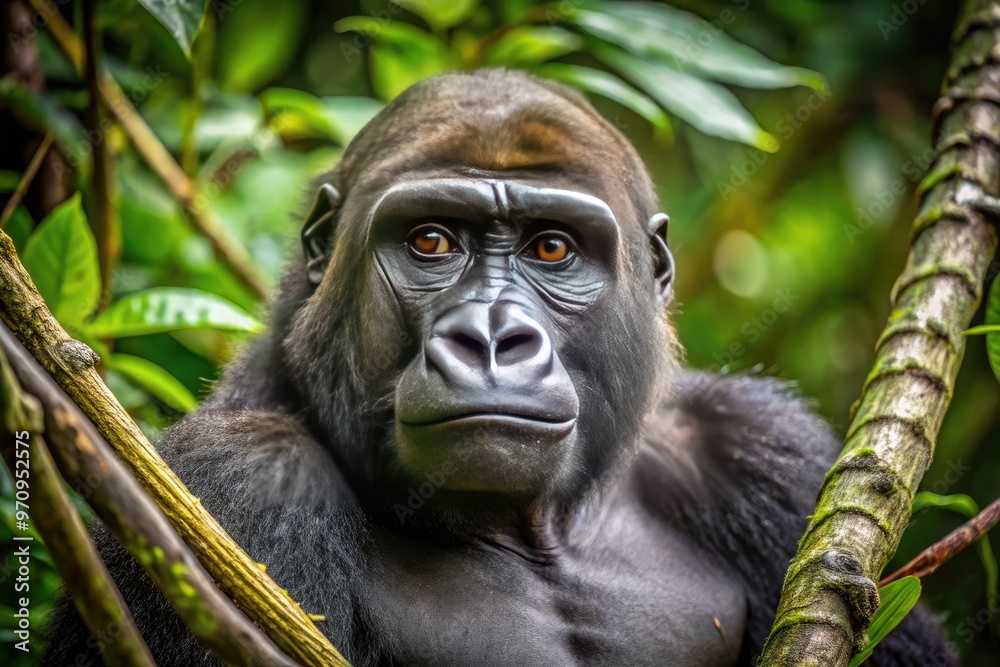 A curious adult western lowland gorilla sits on a tree branch in a lush ...