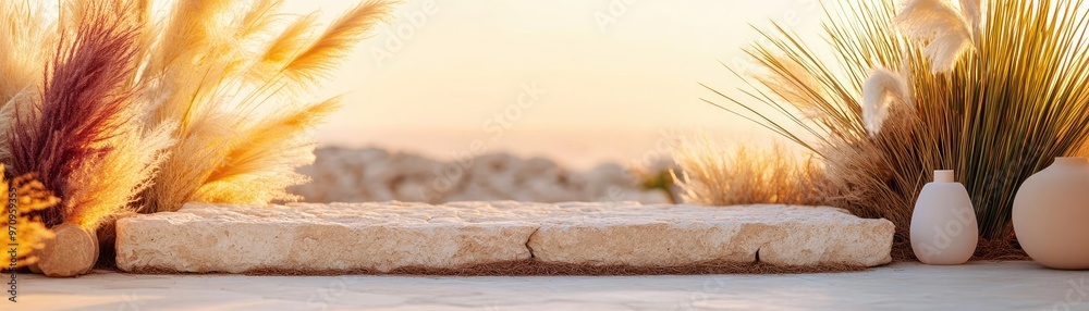 Stone platform half-buried in the earth, surrounded by soft grasses and ...