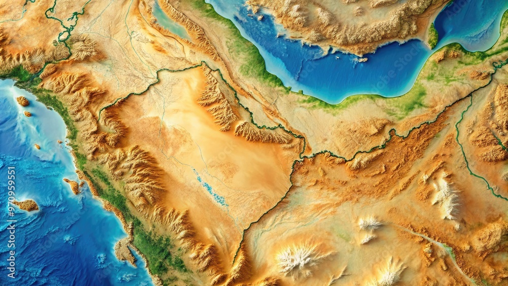 A detailed topographical map of the Arabian Peninsula's vast desert ...