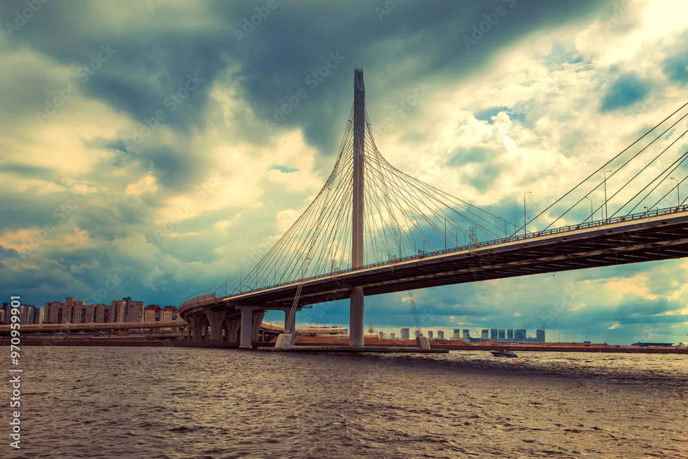Cable-stayed road bridge across the Korabelny fairway of the Gulf of ...