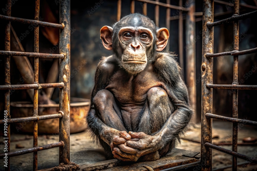 A distressed primate with physical abnormalities, including twisted ...