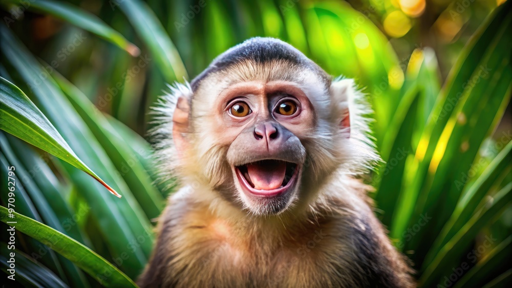 Adorable capuchin monkey's bright, toothy grin radiates pure joy, its ...