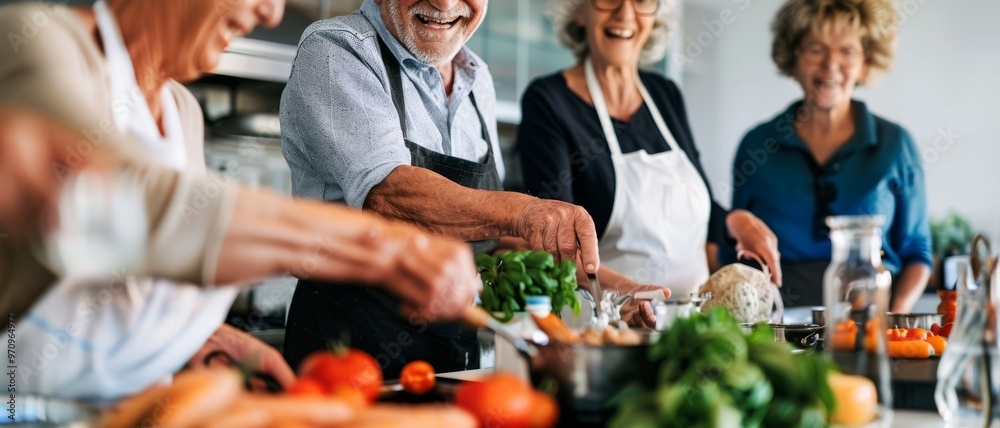 A cheerful group of elderly people cooking together, surrounded by ...