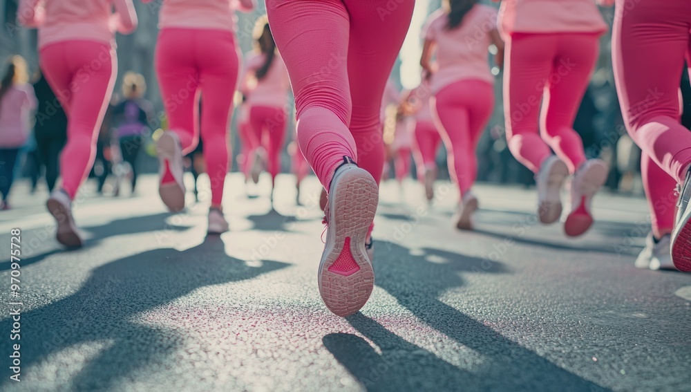 A group of women in pink running shoes and capri pants doing the brisk ...