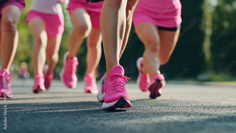 A group of women in pink running shoes and capri pants doing the brisk ...
