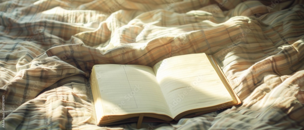 An open book rests calmly on a cozy, rumpled bed with plaid sheets ...