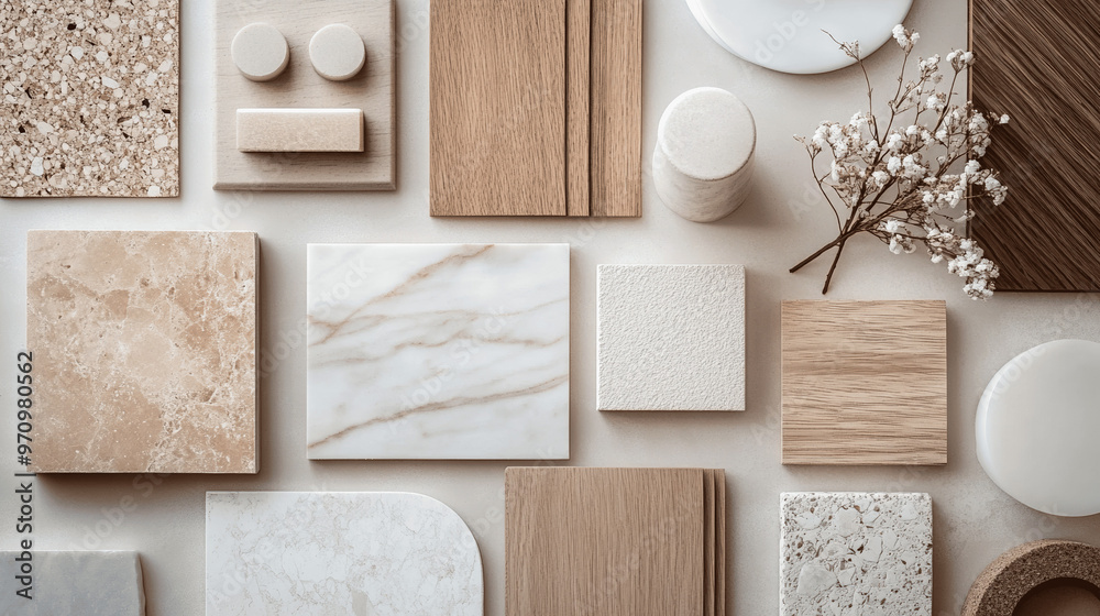 Flat Lay of Interior Design Samples: Marble, Wood, and Stone in Earthy ...