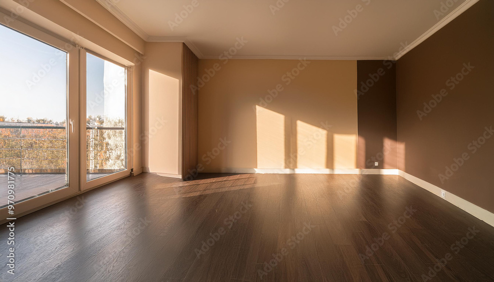 brown warm empty room interior cast by sunlight from open windows Stock ...