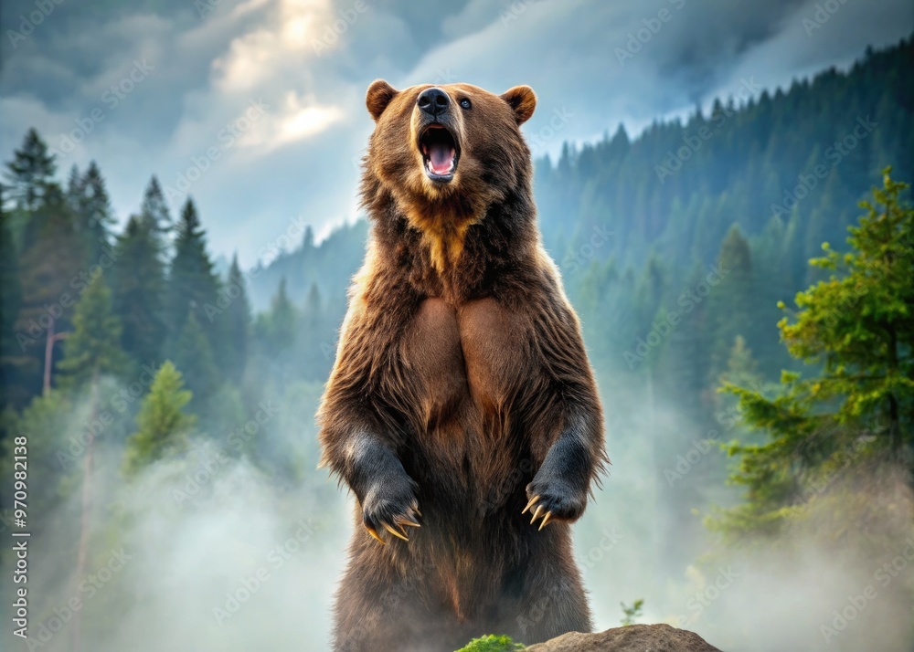 A massive grizzly bear stands upright on its hind legs, roaring loudly ...