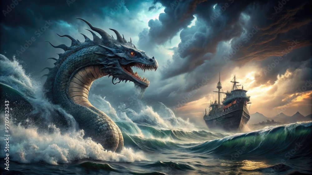 A massive, mythical sea monster emerges from dark, turbulent waters ...