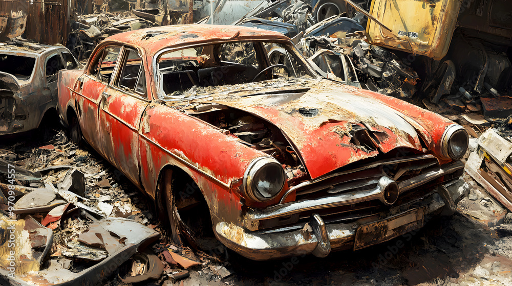 scrapped car with its paint peeling and metal rusting in a junkyard ...