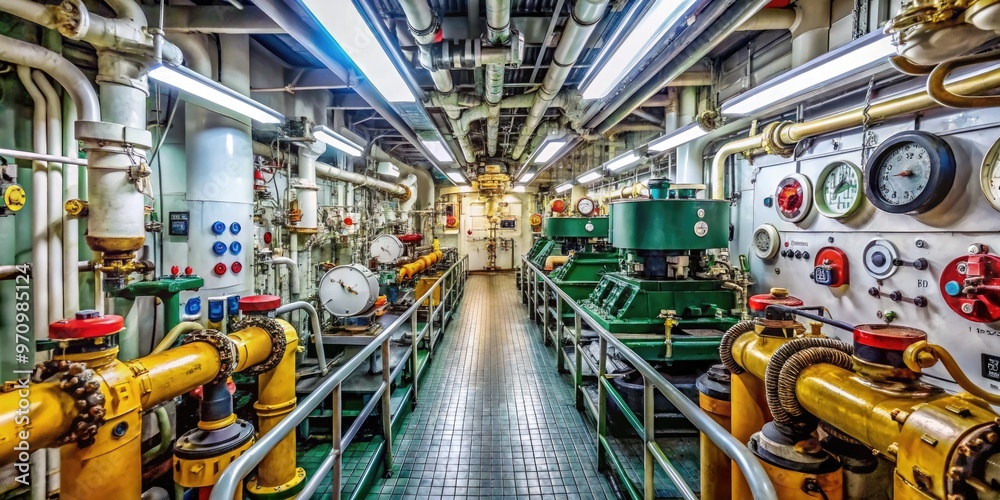 A modern cargo ship's engine room features rows of complex machinery ...