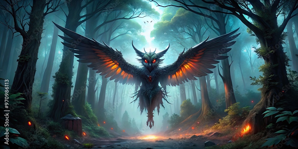 A mythical creature with glowing red eyes and giant wings perches on a ...