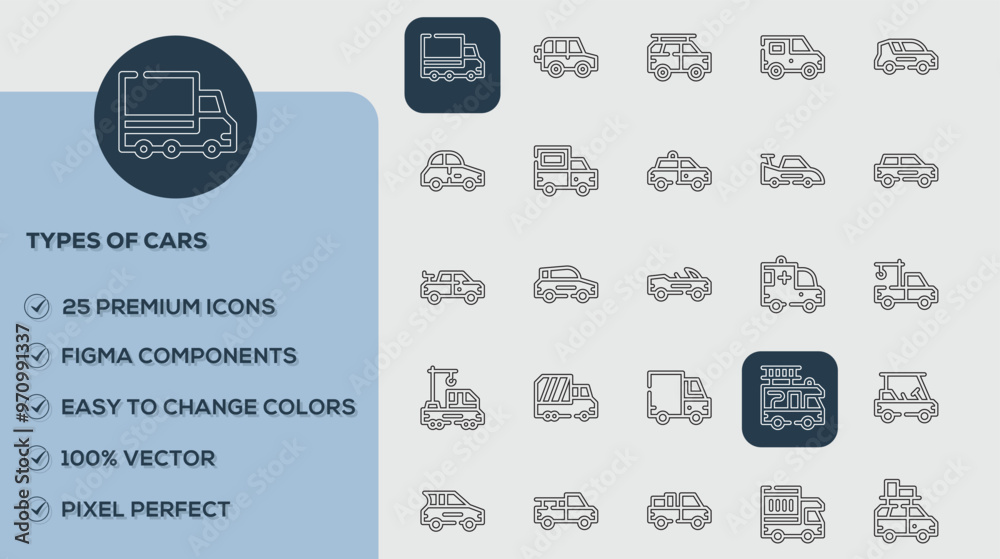 Vetor de Types of cars Icons set. Vector illustration in modern thin ...