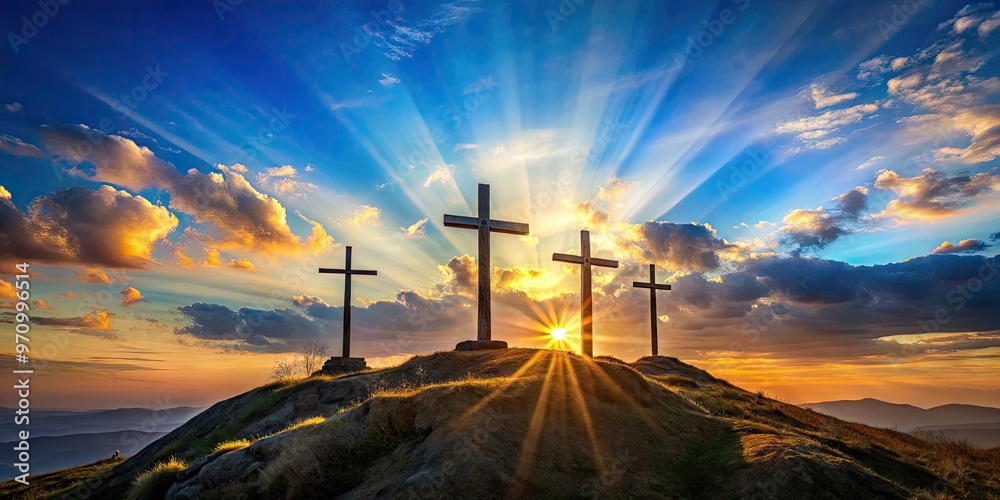 A serene, sun-lit landscape featuring three crosses standing proudly on ...
