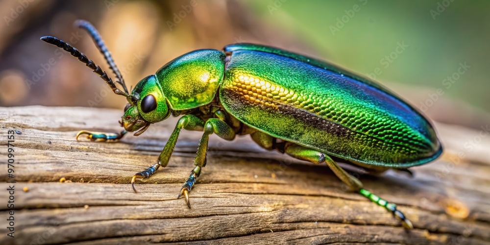 A shiny green metallic wood boring beetle with iridescent elytra and ...