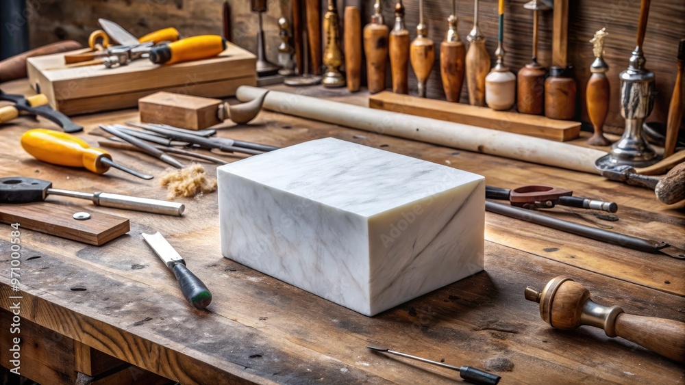 A sleek, white, and partially polished block of marble sits atop a worn ...