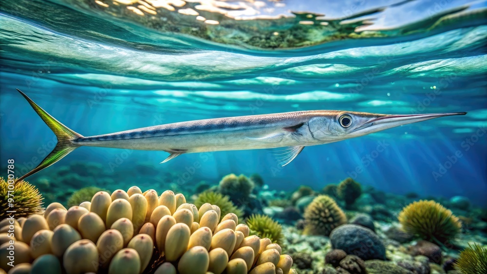 A slender, silver needlefish with a long, pointed snout swims ...
