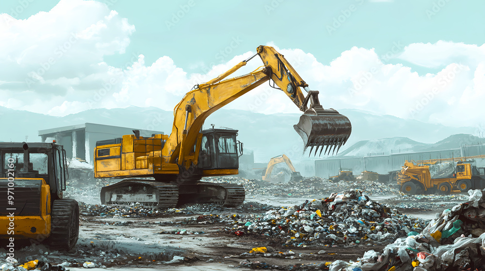 The excavator’s claw grabbing large chunks of garbage at a landfill ...