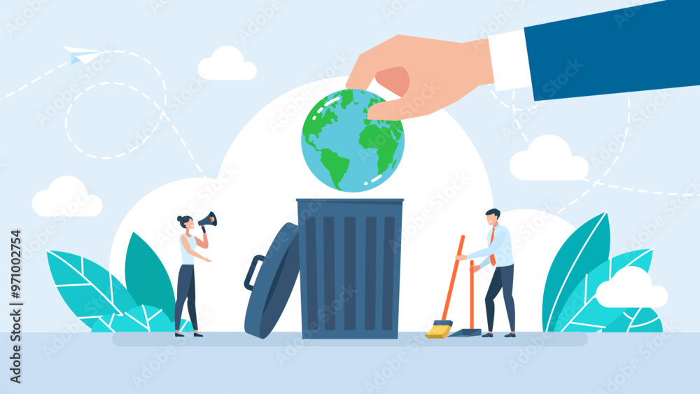 A man throws the planet earth into a dustbin. Land restoration ...