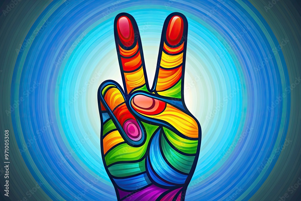 A stylized, bold, and colorful hand forms a peaceful gesture, with the ...