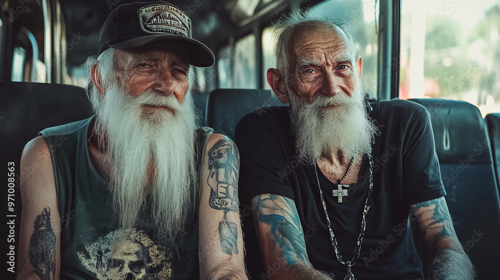 Men with gray beards and tattoos, wearing baseball caps, are sitting on ...