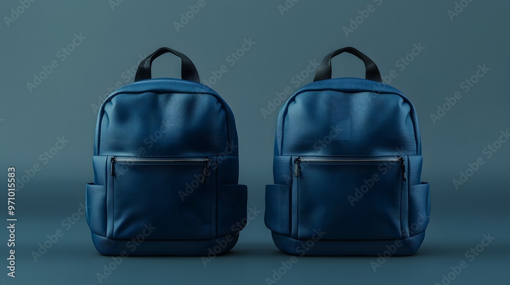 Deep blue backpacks shown in front and back views, featuring a ...