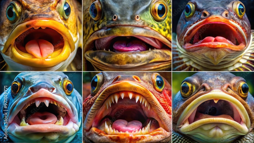 Close-up of various fish mouths showcasing diverse shapes, sizes, and ...