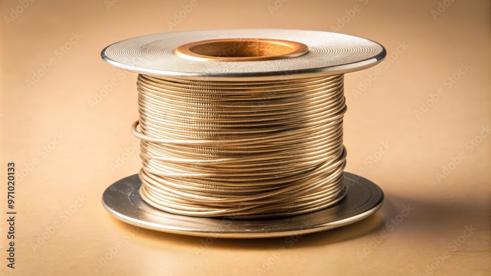 Coiled metal wire wrapped around a cylindrical spool, with a partially ...