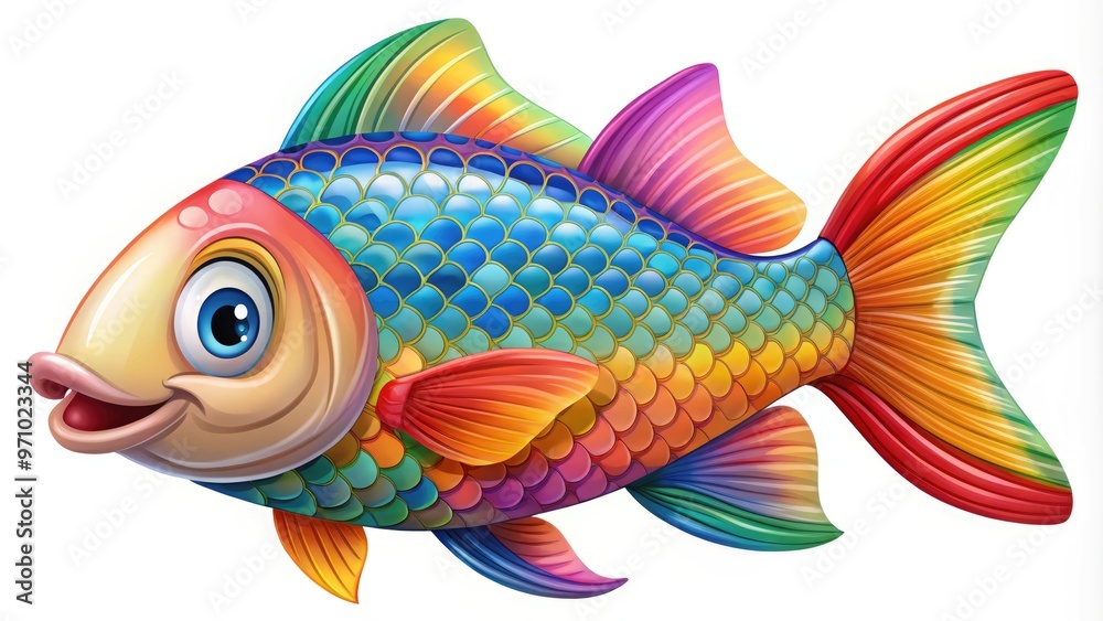 Colorful illustration of a smiling cartoon fish with vibrant scales and ...