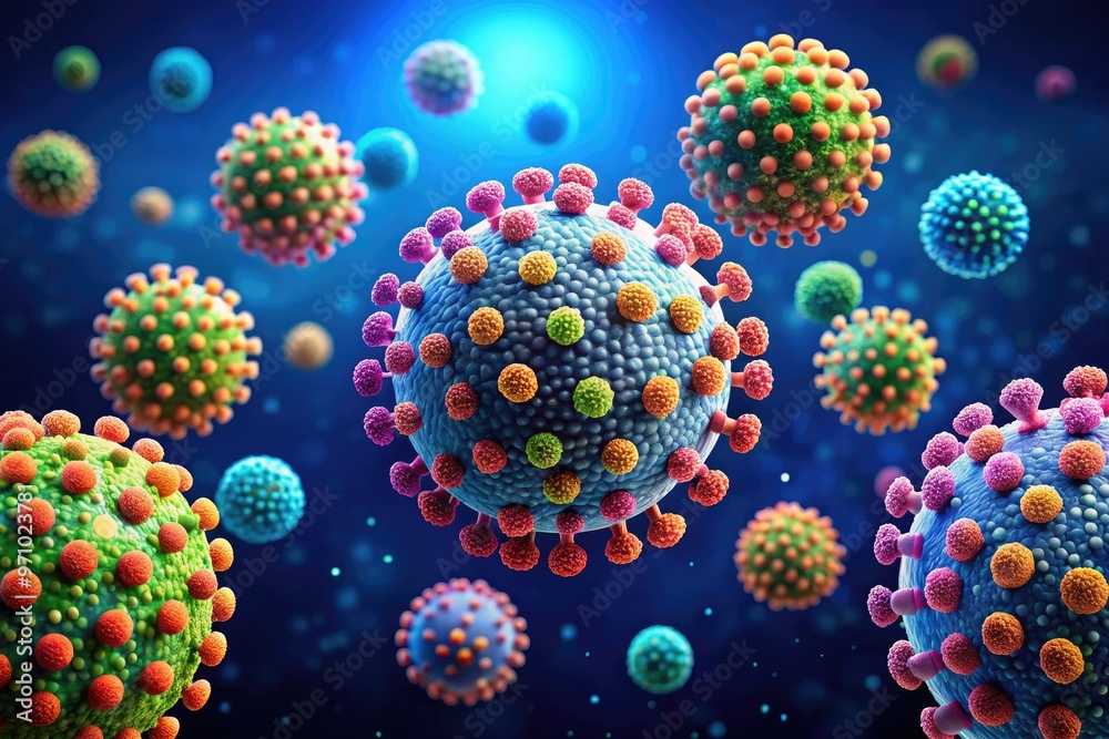 Colorful illustration of Monkeypox virus particles with spherical ...