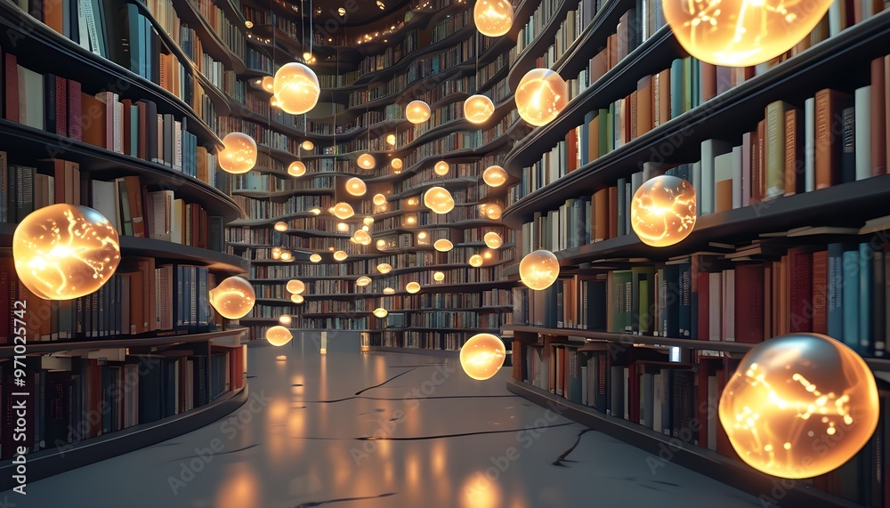 Surreal library of floating orbs illuminating knowledge, each orb ...