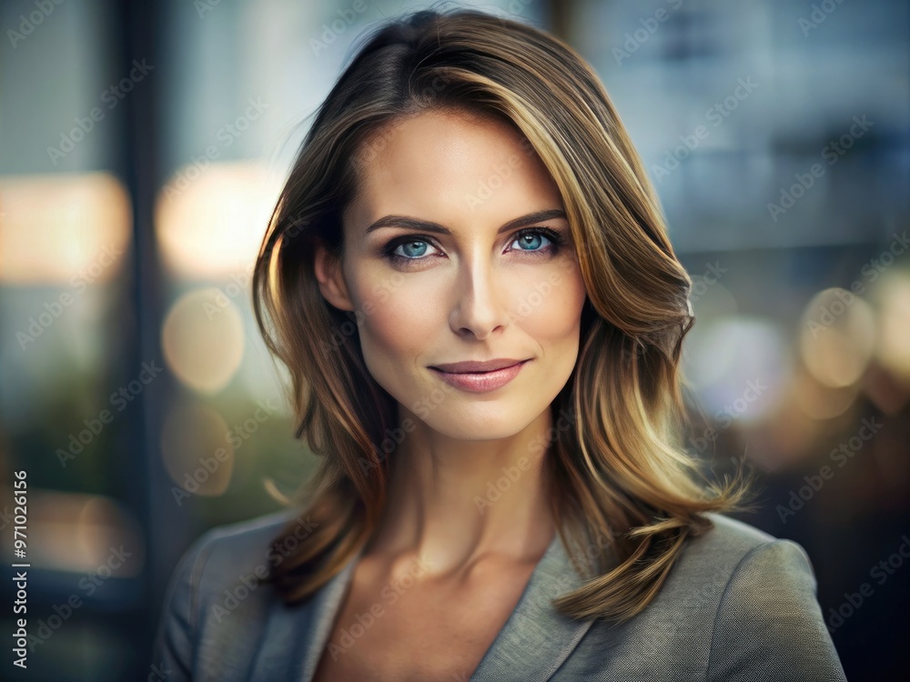 Confident female with subtle, knowing smile, gazing directly ahead ...