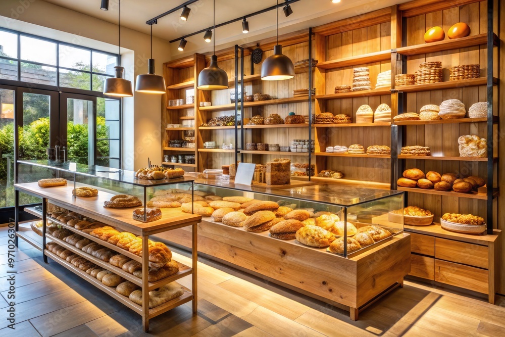 Contemporary bakery store interior with sleek wooden shelves, glass ...