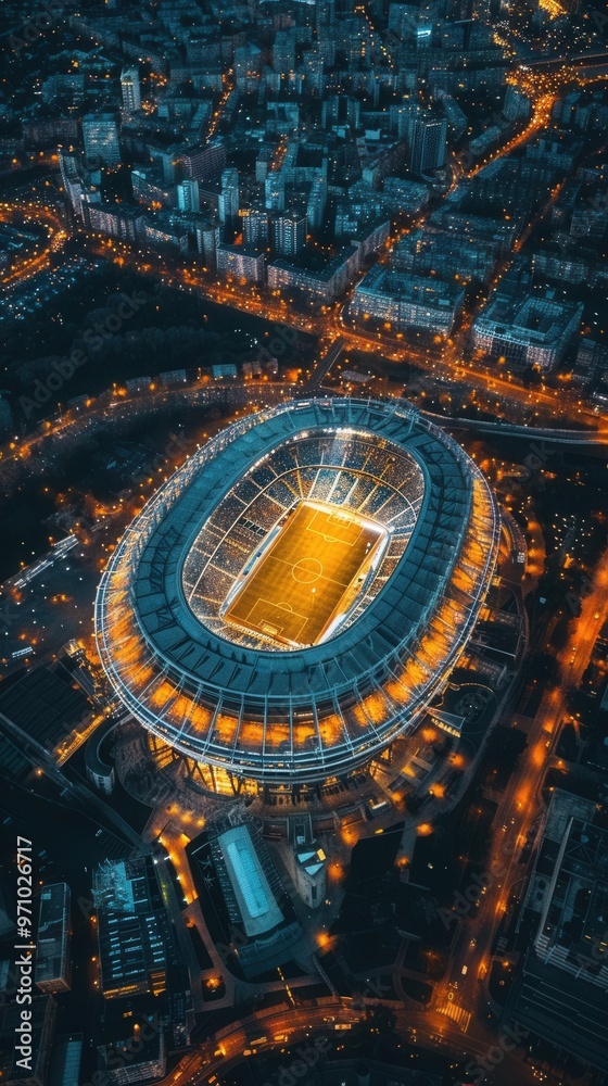 Ultra-modern stadium, bustling city, night lights, bird's-eye view ...