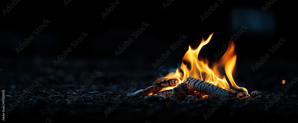 Bright campfire flames isolated on black background for stock ...