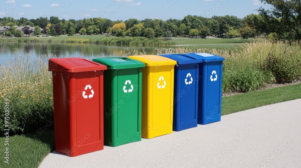 Four color-coded recycling bins for plastic glass metal and paper ...