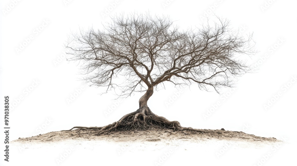 Tree with exposed roots isolated on a white background with intricate ...