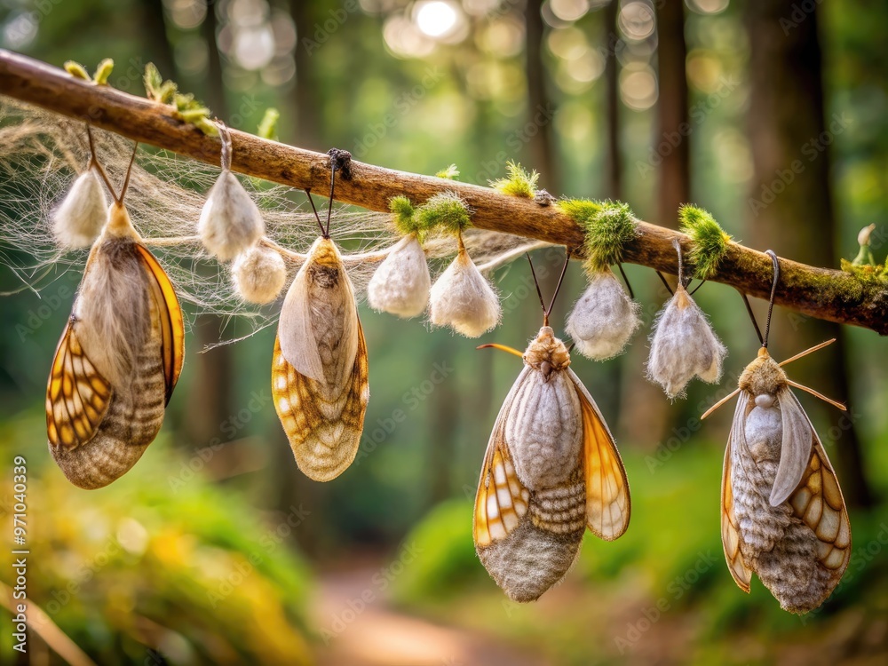 Delicate silk-wrapped moth cocoons hang from a twig, showcasing ...