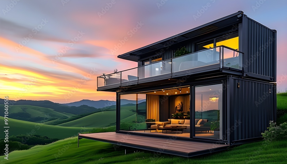 Modern black shipping container home featuring large windows and open ...